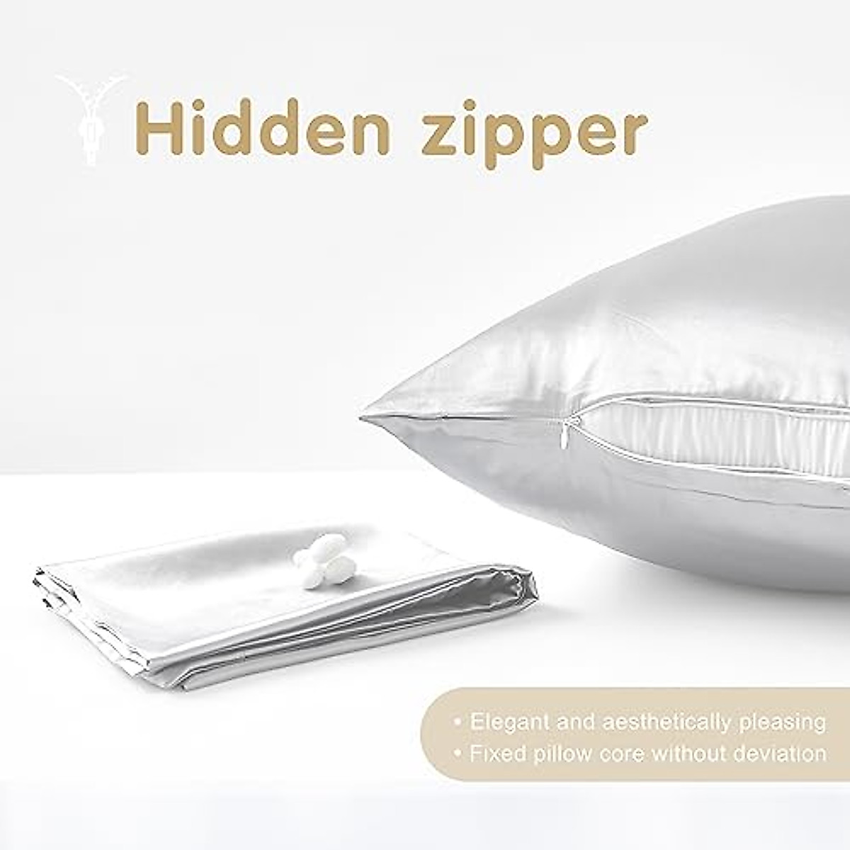 Vreysilkus Satin Pillowcase 2 Pack，White Standard Size Silk Pillowcase with Hidden Zipper, Super Soft for Hair and Skin, 20 * 26 Inches