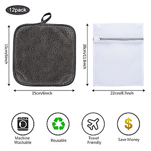 SINLAND Makeup Remover Cloth,Reusable Microfiber Makeup Remover Pads,Washable Facial Cleansing Cloths,Soft Microfiber Face Washcloths for All Skin Types,Face Towels with Mesh Bag, 6x6 Inch 12Pack Grey