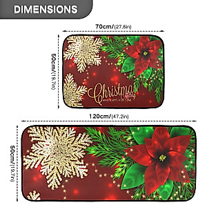 ALAZA Christmas Kitchen Rug and Mat, Kitchen Rug Mat 2 Set for Floor Christmas Poinsettia and Snowflakes (1)