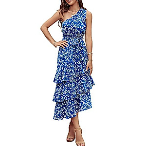 PRETTYGARDEN Women's Summer Floral Sundress Casual One Shoulder Tiered Ruffle Flowy Midi Beach Boho Dresses (Floral Royal Blue White,Medium)