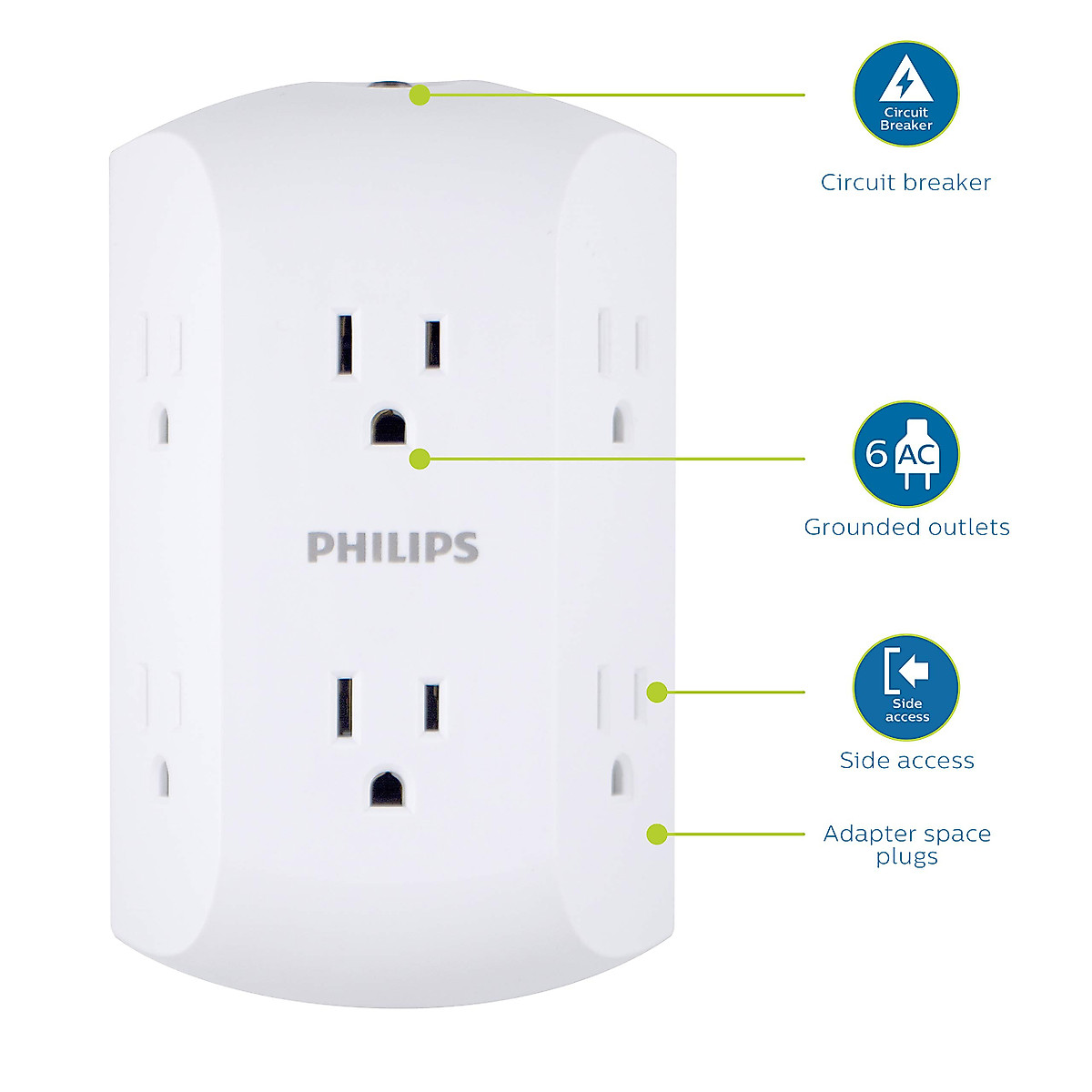 Philips 6-Outlet Extender, Grounded Wall Tap, Reset Button, Circuit Breaker, Adapter Spaced Outlets, 3-Prong, Multiple Plug, Quick and Easy Install, Cruise Essentials, UL Listed, White, SPS1460WA/37