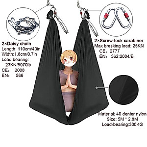 FOSER Aerial Yoga Hammock Aerial Yoga Swing with Daisy Chains Carabiners For Inverted Gravity Yoga Flip with Instruction Manual 5M×2.8M (Black)