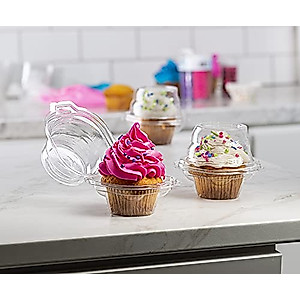 Prestee 50 Individual Cupcake Containers - Stackable | Cupcake Boxes Individual | Cupcake Holders | Single Cupcake Boxes | With Connected Airtight Deep Dome Lid | BPA-Free