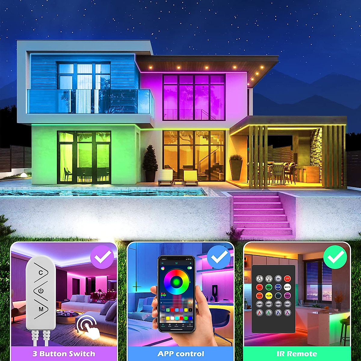 Aulimhti 100ft Led Strip Lights,Bluetooth APP Control Music Sync LED Lights for Bedroom,Led Lights with Remote,5050 RGB Color Changing Lights for Room Party (70FT)