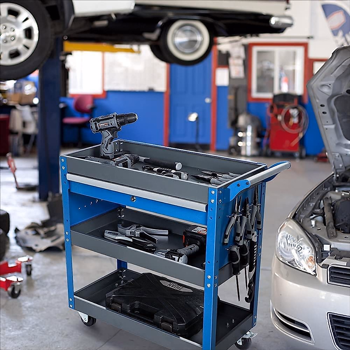 AIRAJ Tool Cart, 3 Tier Rolling Tool Cart with Drawers, Heavy Duty Tool Cart on Wheels for Mechanics,Home Workshop Garage,with Pegboard Hooks, Non-Slip Pearl Wool, 440 lb Load Capacity