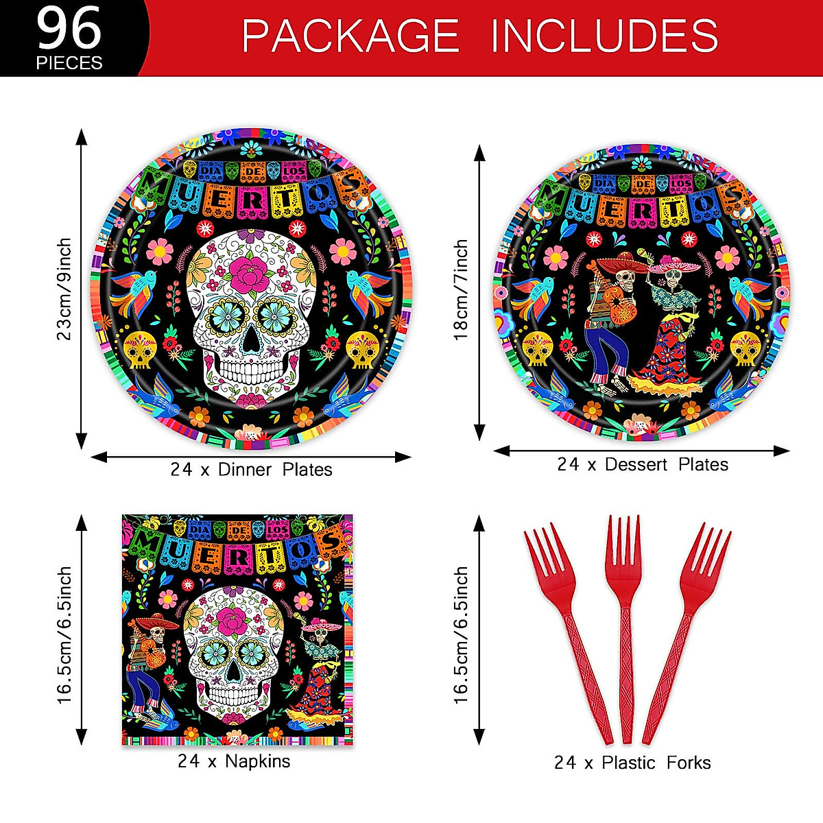 96Pcs Day of The Dead Plates Napkins Mexican Dia DE Los Muertos Party Supplies Tableware Fiesta Sugar Skull Dinnerware for Halloween Party Serve 24 Guests