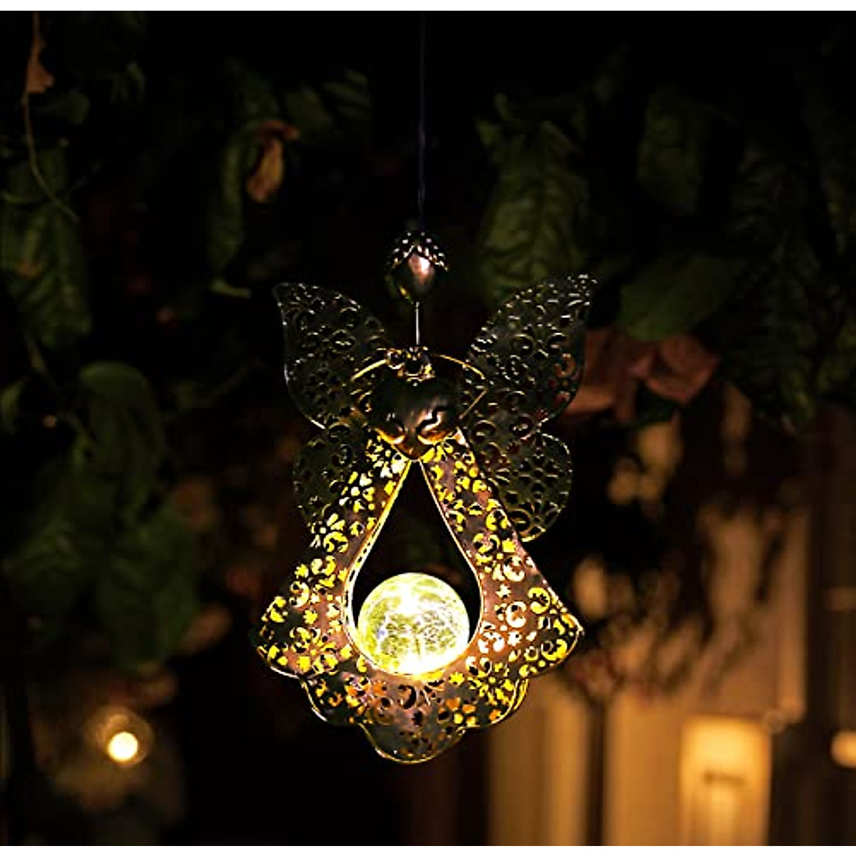 GOODME Hanging Solar Lights Outdoor Waterproof LED Solar Lantern Metal Angel Memorial Gift with Crackle Globe Glass Decoration for Porch,Patio,Yard,Garden