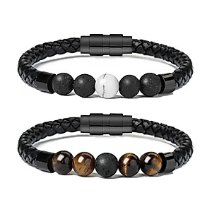 shajwo Cremation Jewelry Lava Stone Urn Bracelet for Ashes for Women Men Chakra Tiger Eyes Genuine Leather Memorial Bracelets