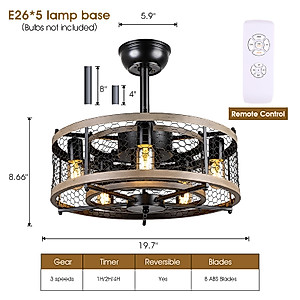 MADSHNE 20'' Caged Ceiling Fans with Lights Remote Control, Small Farmhouse Ceiling Fans with Light, Black Rustic Bladeless Ceiling Fans for Bedroom Kitchen