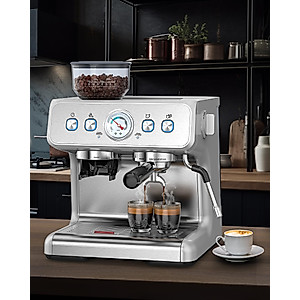 COWSAR Espresso Machine 15 Bar, Semi-Automatic Espresso Maker with Bean Grinder and Milk Frother Steam Wand, 75 Oz Removable Water Tank for Cappuccino, Latte, Stainless Steel