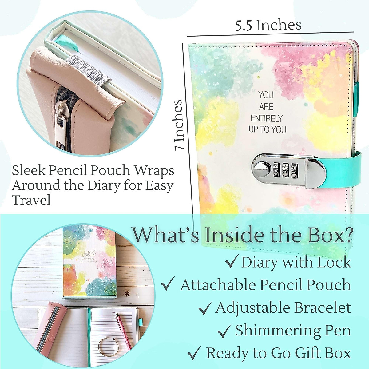 Life is a Doodle Diary with Lock For Girls- Girls Journal Gift Set Includes: Leather Notebook Journal with Lock, Travel Pencil Case, Love Cuff, Writing Pen - Trendy Journal For Teen Girls & Kids