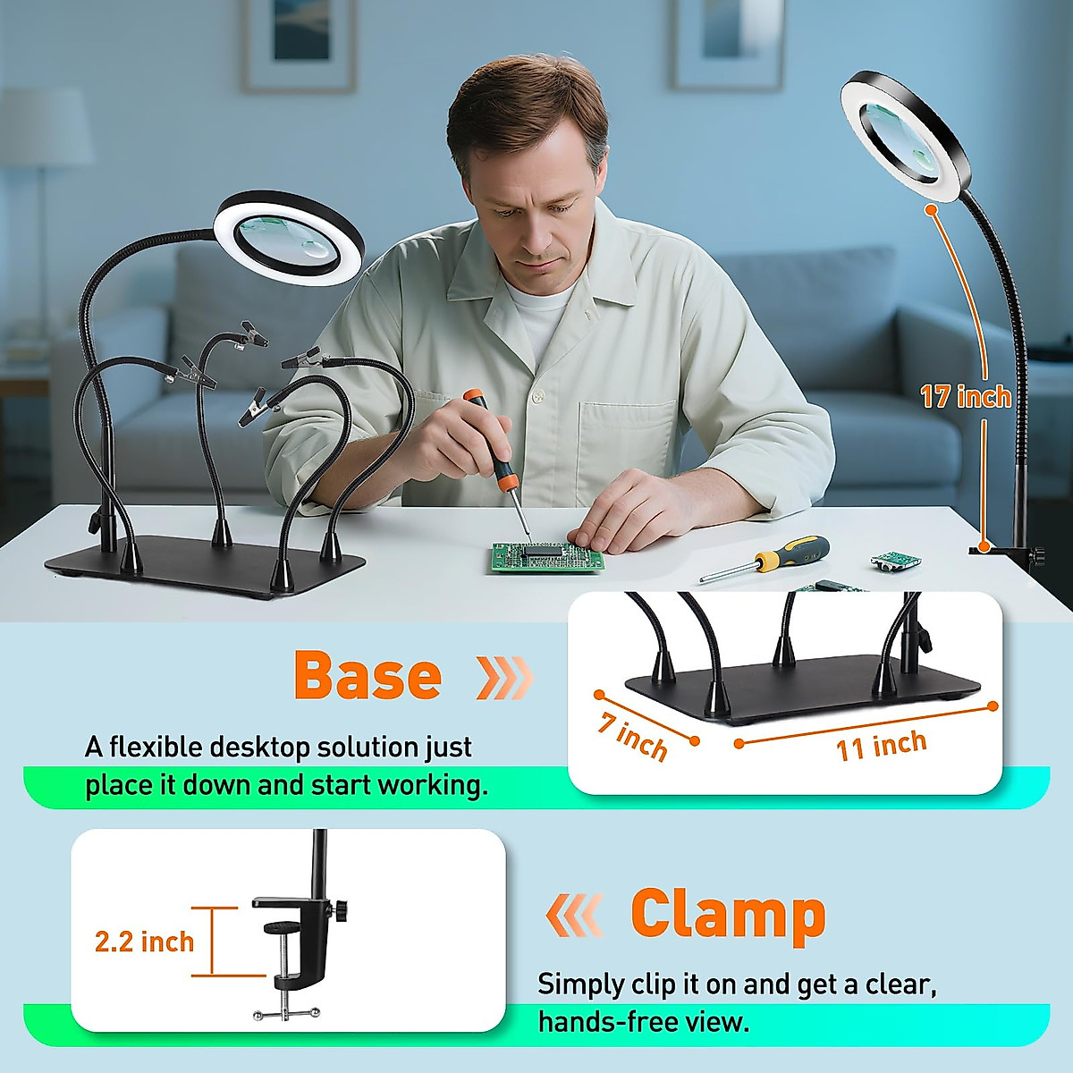 5X&10X Magnifying Glass with Light and Stand, KUVRS Flexible Magnetic Helping Hand, Large Base&Clamp Magnifying Lamp, 3 Color Adjustable Arm Desk Magnifying Glass with Light for Soldering Craft Hobby