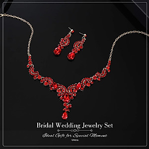 Unicra Bride Wedding Jewelry Sets Crystal Bridal Necklace Earrings Set Rhinestone Choker Necklace Prom Costume Jewelry for Women and Brides (Red)