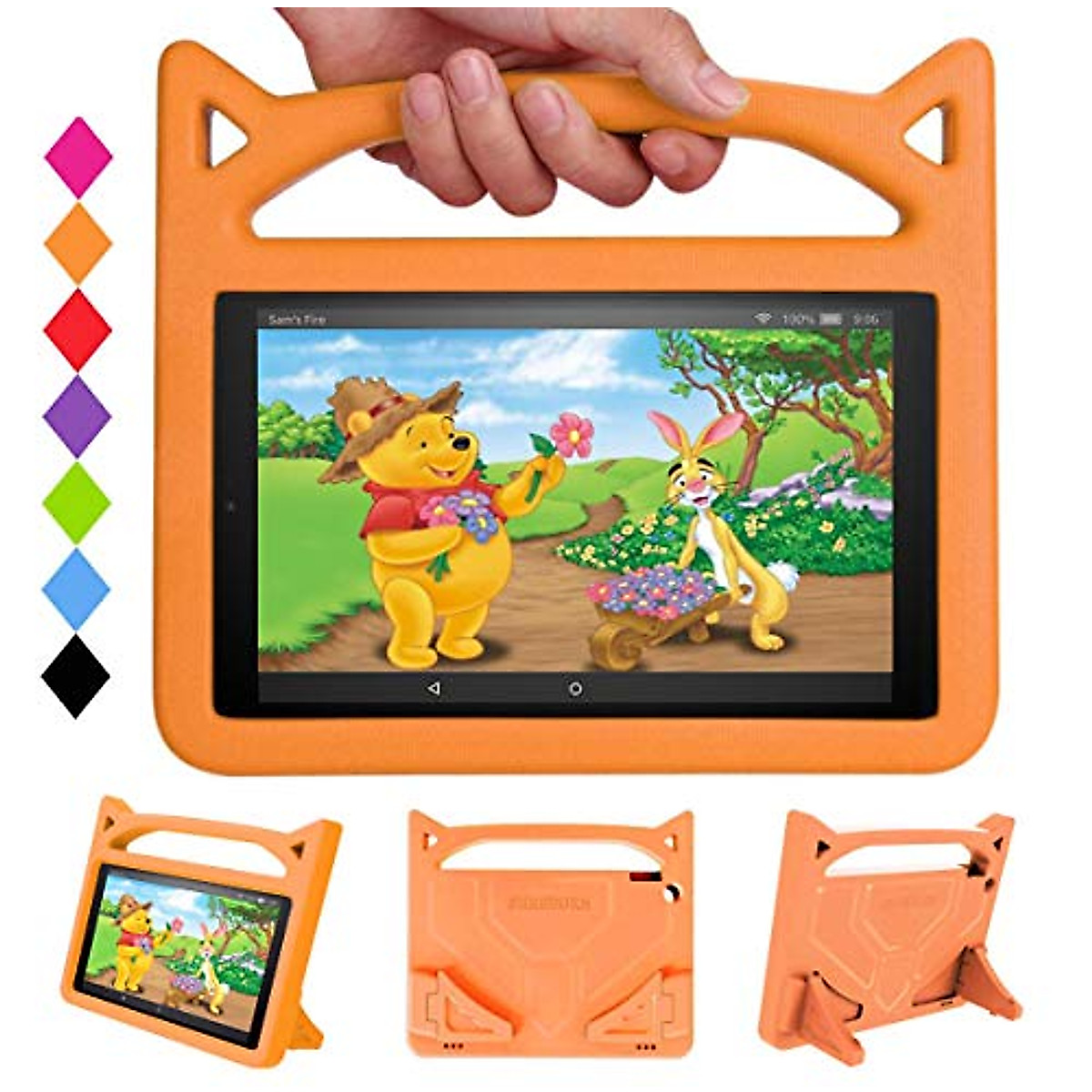 Kids Case for ＨＤ10 Tablet(9th/7th/5th Generation,2019/2017/2015 Release)-SHREBORN Lightweight Shockproof Case with Cute Cat Handle Stand, Not fit iPad Samsung 10 inch Tablet-Orange