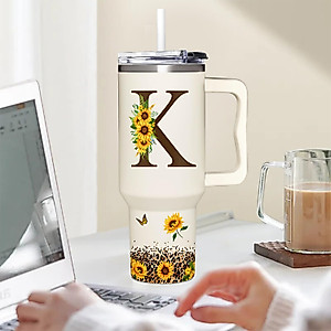 Personalized Birthday Gifts For Women - Sunflowers Monogrammed Cup For Boss Day, Christmas - Customized Gifts For Women, Mom, Wife, Coworkers, Boss Lady, Her - Custom Tumbler With Handle 40oz