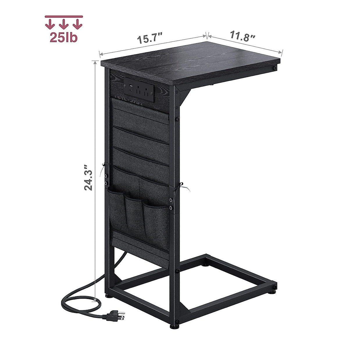 NEFROM Side Table, C-Shaped End Table with Charging Station, Small Couch Table with Storage Bag, Sofa Table for Bedroom, Living Room, Bedside ET-BK-1