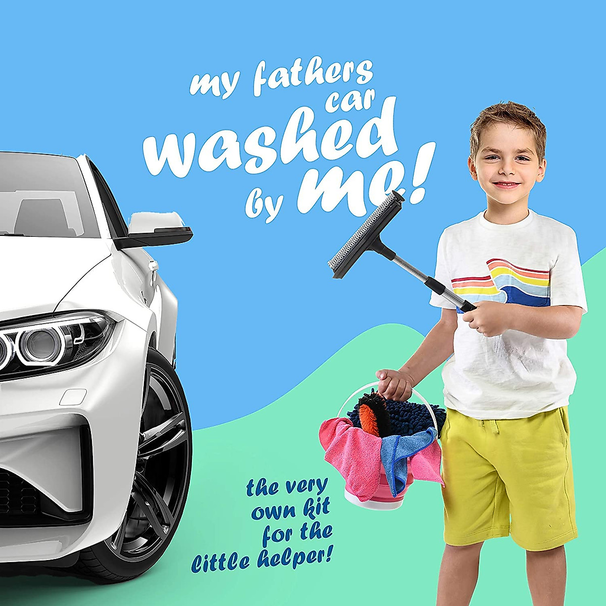 Kids Car Wash Activity Kit – 7 Kid-Sized Carwash Accessories Gifts for Boys & Girls Ages 5 6 7 8-10 - Outdoor Fun Toys – Set Includes Bucket, Squeegee, Microfiber Mitt, Wheel Brush, 3 Cleaning Cloths