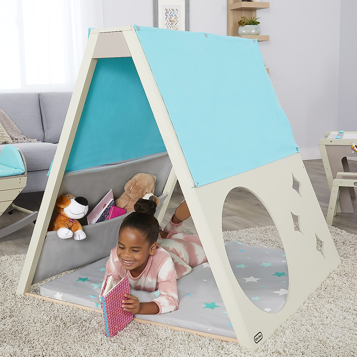 Little Tikes Starry Night Reading Nook Indoor Furniture Includes Starlight Projector, Cushioned Mat, Book Storage, Modern White/Light Blue Wooden Play Space- Great Gift for Readers, Kids Ages 3+