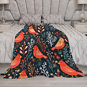 Blanket Red Christmas Birds Plush Throw Fleece Blanket Happy New Year Soft Cozy Microfiber Throw Blanket for Couch Sofa Bed for Adult Kid Birthday 40"x50" Ultra Soft Plush Cozy Xmas Prints