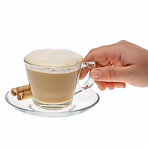 Volarium Tea Cups and Saucers Sets, 6PCs Clear Glass Coffee Mugs and 6PCs Glass Saucers, Ideal 6.5 Ounce Size for Cappuccino, Specialty Coffee Drinks, Latte, Cafe Mocha and Tea