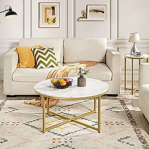 Yaheetech Modern Marble Coffee Table, Faux Accent Round Table Cocktail Table w/X-Base & Sturdy Metal Legs & Protective Foot Pads for Living Room, Mustard Gold