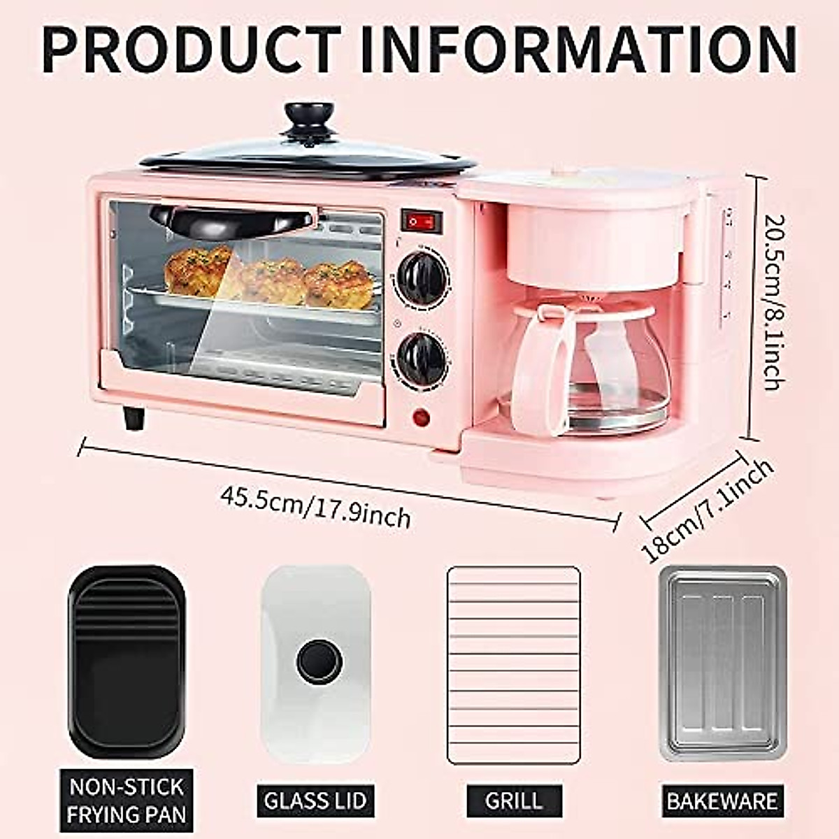 Breakfast Station 3 in 1Multifunctional Toaster Oven Station Coffee Maker Stainless Toaster With Griddle for Making Coffee,Cake,Sandwiches (Pink)