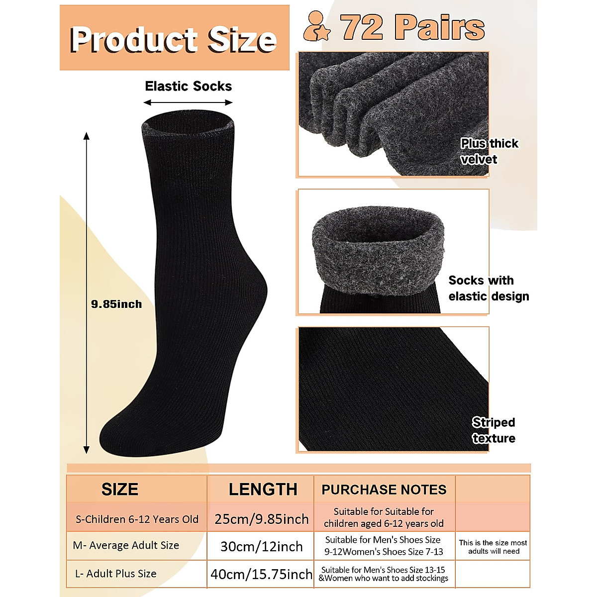 72 Pairs Thermal Socks Bulk Socks Thick Winter Socks Unisex One Size Socks for Men Women Homeless Care Package (Black,Medium)