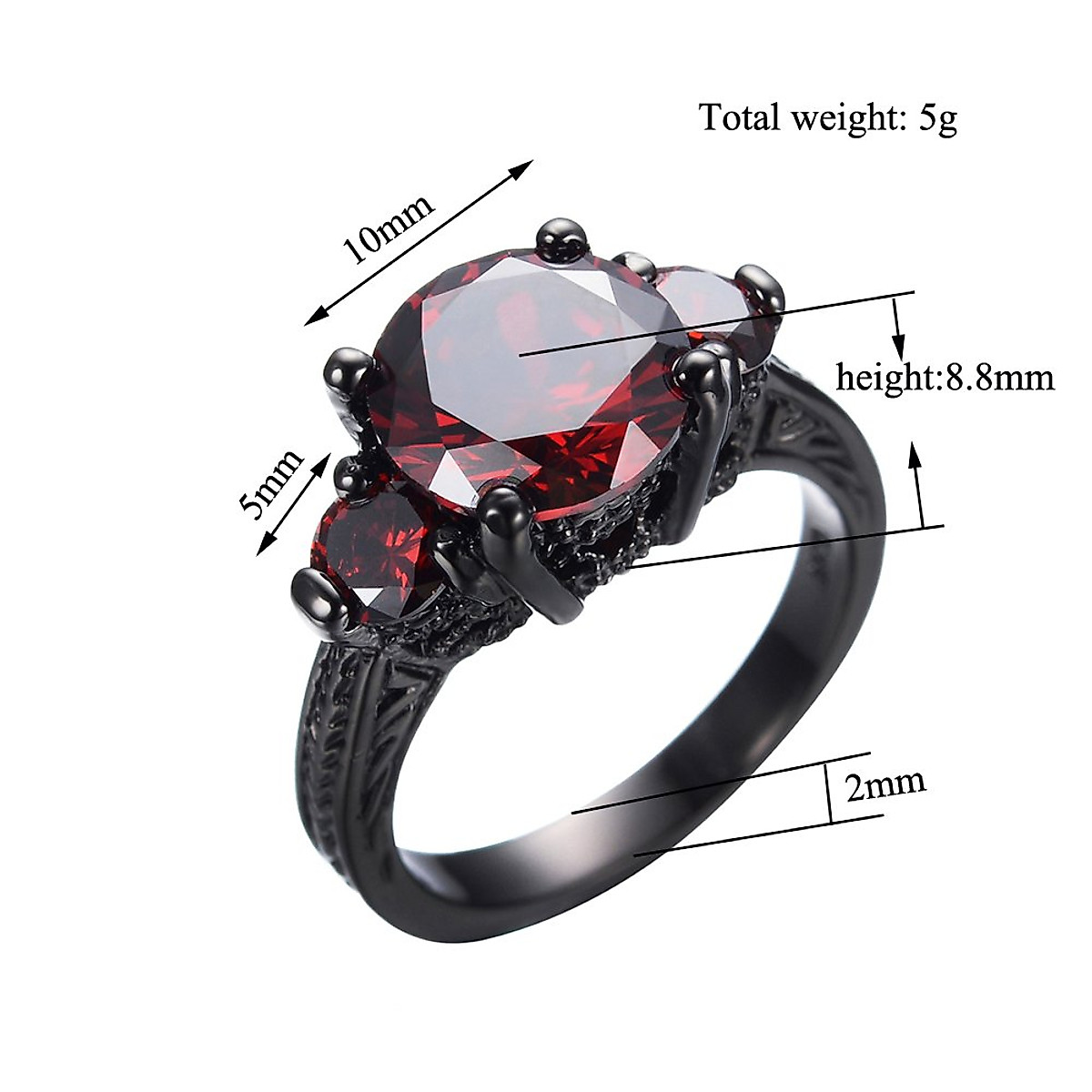 JunXin® Black Gold Round Cut Three-stone Ruby Diamond Ring Cubic Zirconia Size6/7/8/9/10(8)