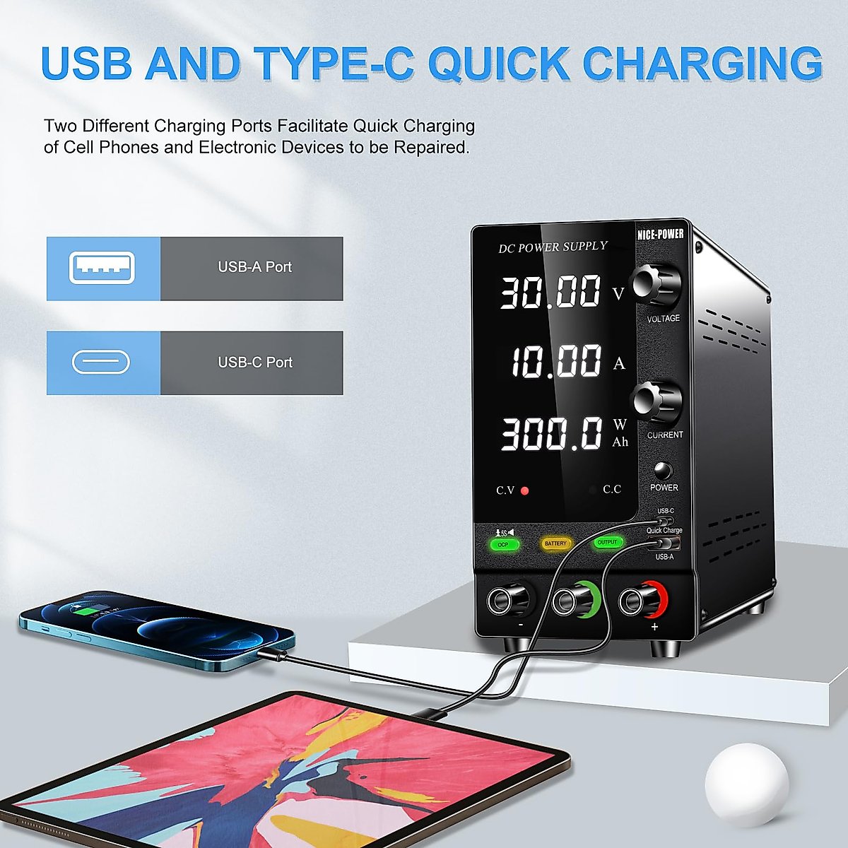 NICE-POWER DC Power Supply Variable 30V 10A, 300W Encoder Adjustable 6V 12V 24V LiFePO4 Lithium Ion etc. Battery Charger Regulated Lab Bench Power Supply Output Switch/OCP Function/Quick Charge Port