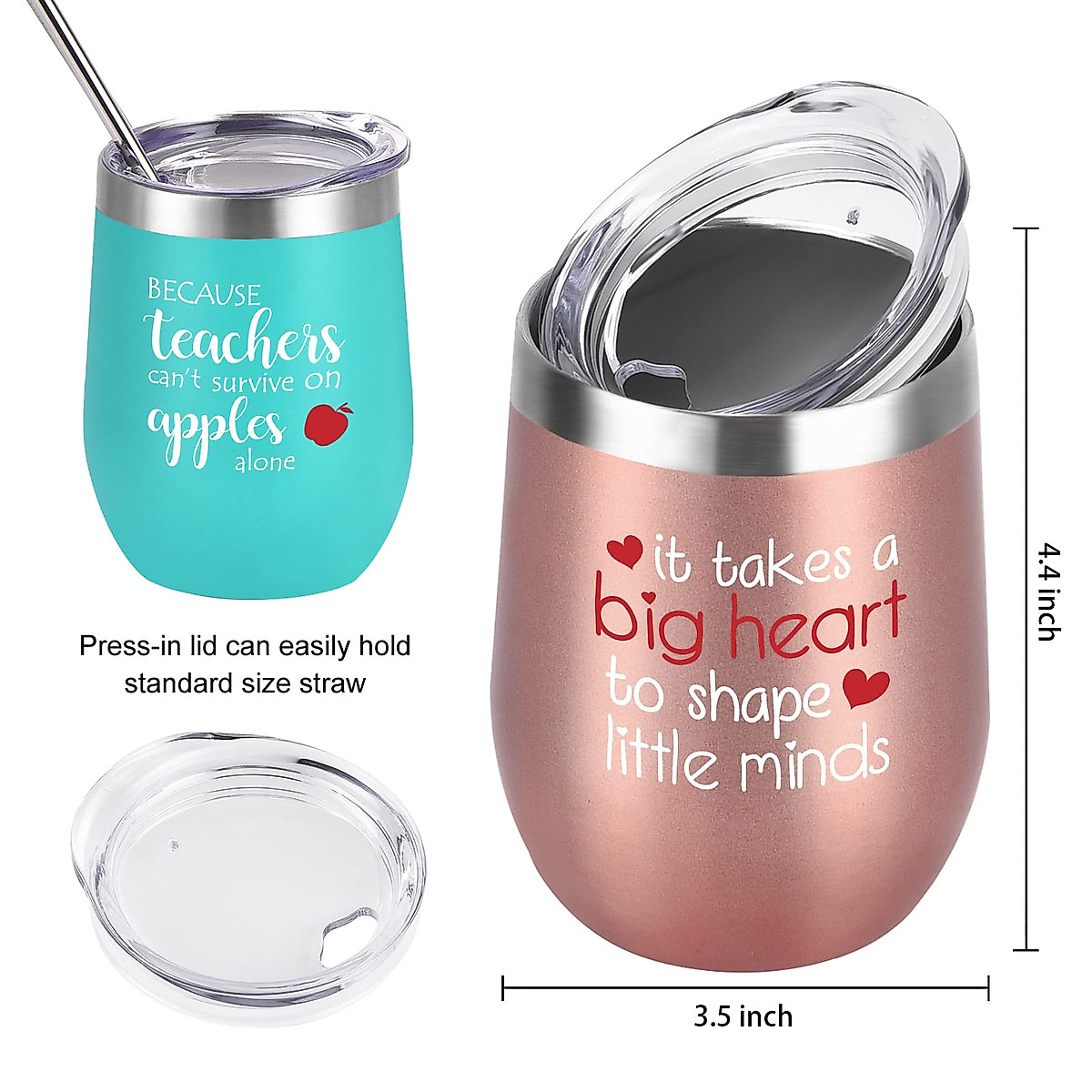 GINGPROUS 4 Pack Thank You Gifts for Teachers, Teacher Appreciation Gifts for Preschool Elementary Daycare Teacher, Teachers Day Gifts Christmas Gifts, 12oz Insulated Wine Tumbler, Rose Gold & Mint