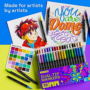 ARTISTRO 36 Brush Marker Pens Coloring Markers for Adults Brush Tip & 0.4mm Fineliner Pens Coloring Markers No Bleeding