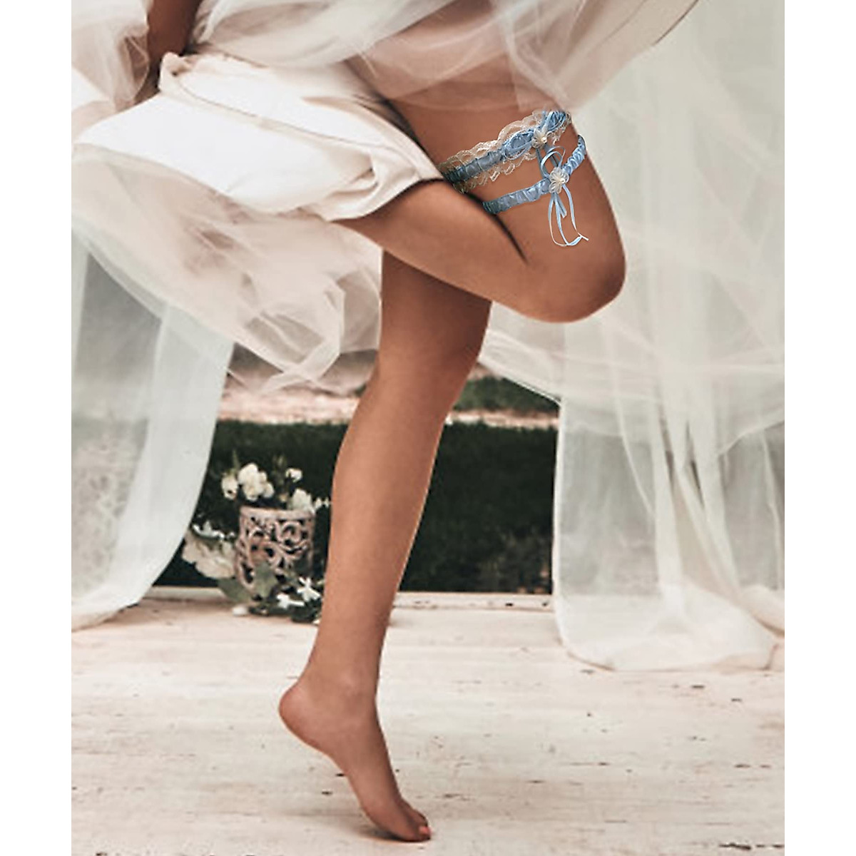 RIMOBUL 2 Pieces Wedding Garters Lace Bridal Garter Faux Pearls Garter for Bride with Toss Away（Light Blue）