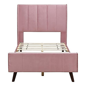 HBRR Twin Size Bed Frame Velvet Upholstered Platform Bed with Headboard and Strong Wooden Slats, Mattress Foundation, No Box Spring Needed, Easy Assembly, Pink