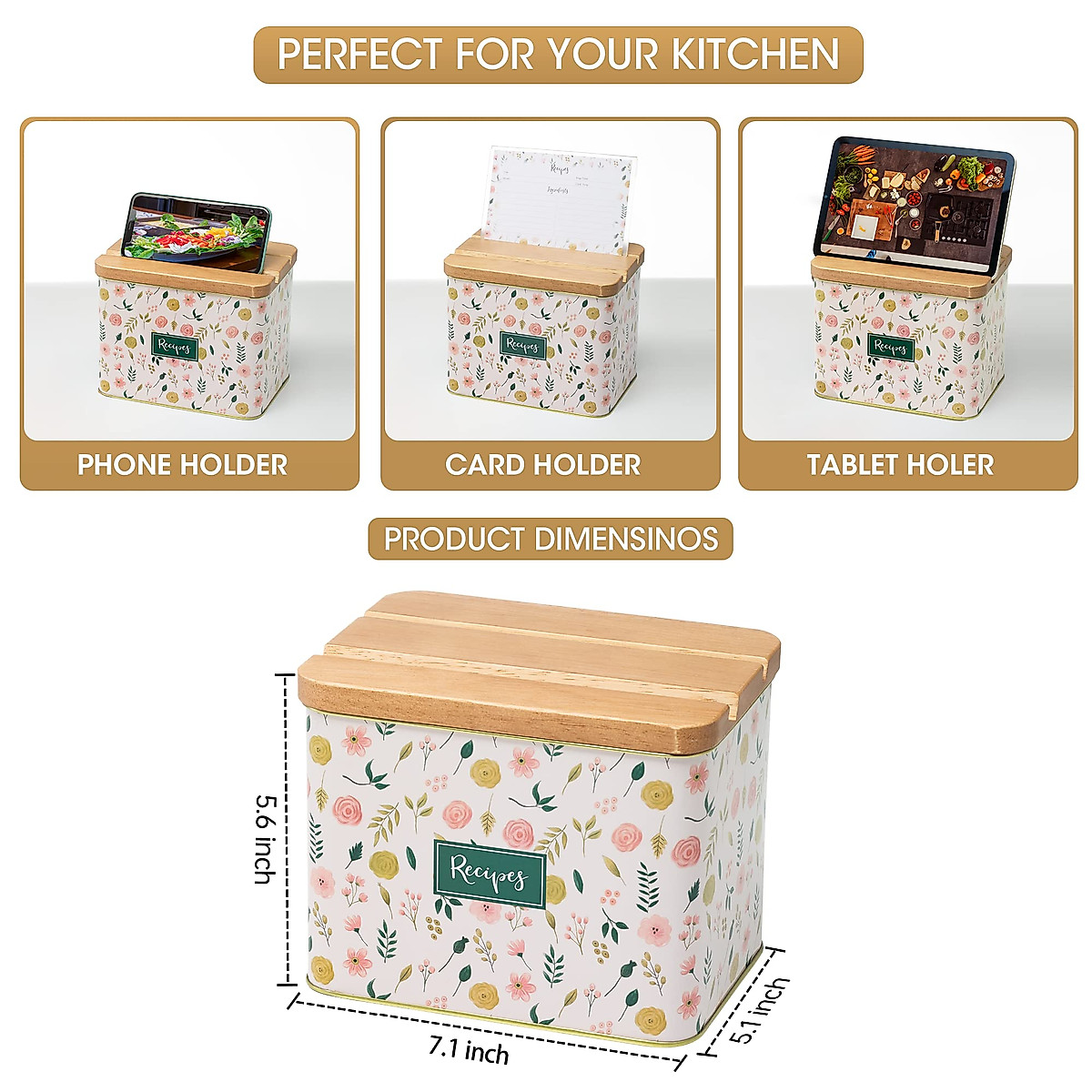 Cabbrix Recipe Box with Cards and Dividers, recipe cards and box set, Wooden Lid with Phone Holder and Card Holder, Decorative Recipe Tin with Gift Box (Pink)