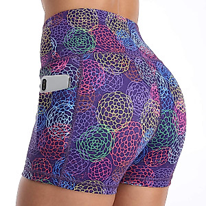 Amazon Essentials Workout Volleyball Yoga Print Short Pockets High Waist Exercise Running Gym Shorts for Women 3" Purple Circle Flower-M