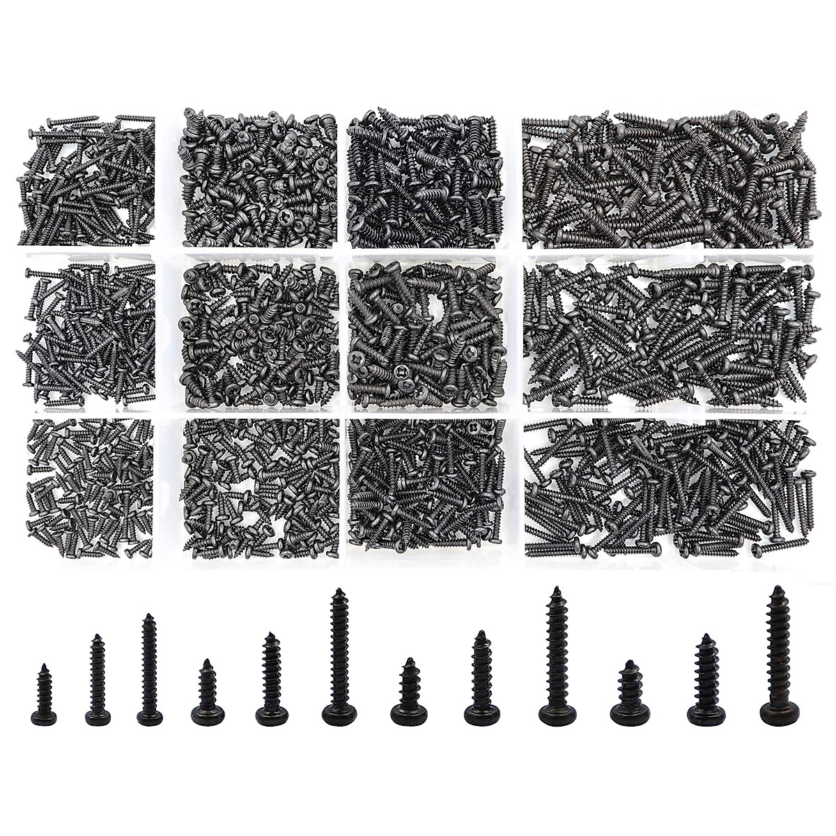 LBY 1000pcs M1.4 M1.7 M2 M2.3 Round Pan Head Self-Tapping Sheetmetal Screw Assortment Kit Round Head Self-Tapping Electronic Mini Wood Screws 10 Sizes Combination Metal Black