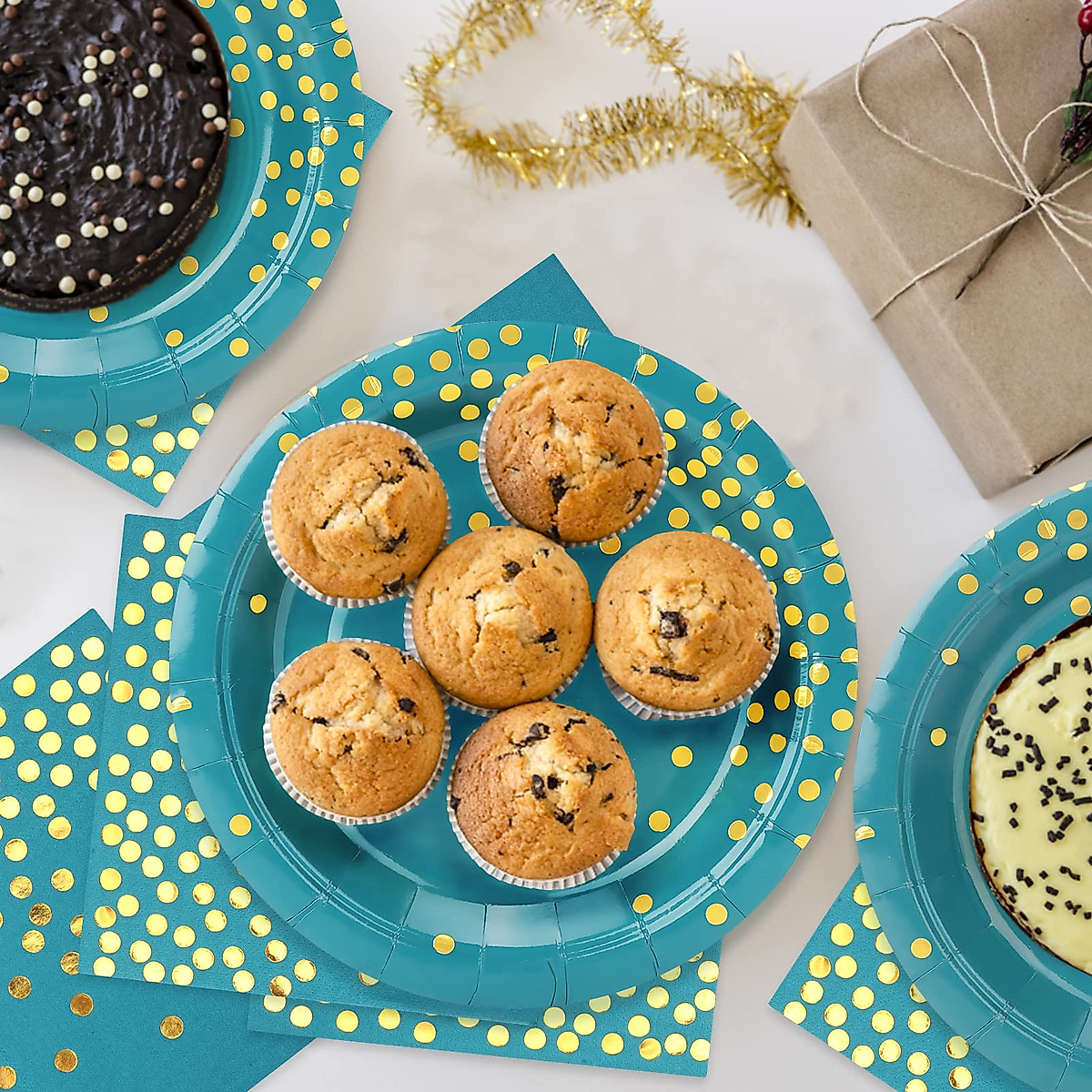 CENLBJ Blue Green Gold Paper Plates and Napkins - 25 x 7'' Dessert plates & 25 x 6.5'' Napkins,Green Paper Plates for Appetizers,Cakes,for Birthday,Father's Day,Independence(Serve 25)