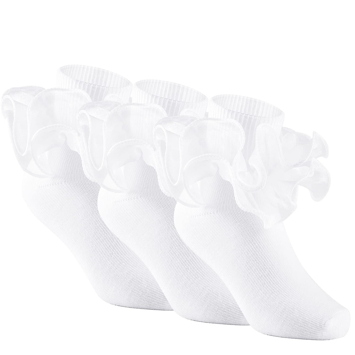 Yepami 3 Pairs Girls Ruffle Socks Big Double Lace Frilly Trim Dress Socks (White, Small, 2_years)