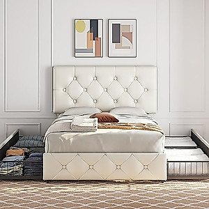 Yaheetech Full Upholstered Bed Frame with 4 Storage Drawers and Adjustable Headboard, Faux Leather Platform Bed Frame with Mattress Foundation, Strong Wooden Slats Support, No Box Spring Needed, Beige
