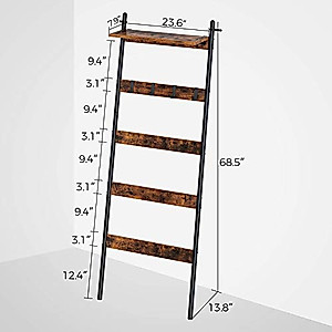 Rolanstar Blanket Ladder with Adjustable Shelf and 4 Hanging Hooks, Wall-Leaning Blanket Rack, Ladder Shelf Stand for Bathroom, Living Room, Kitchen, Rustic Brown