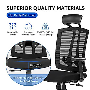 MASTERY MART Ergonomic Office Chair, High Back Mesh Desk Chair with Adjustable Headrest and Backrest, Lumbar Support, Thick Seat Cushion, Swivel Executive Task Computer Chair for Work, Home, Gaming
