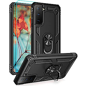 Samsung Galaxy S21 FE 5G Case with HD Screen Protectors, Androgate Military-Grade Metal Ring Holder Kickstand 15ft Drop Tested Shockproof Cover Case for Samsung Galaxy S21 FE Black