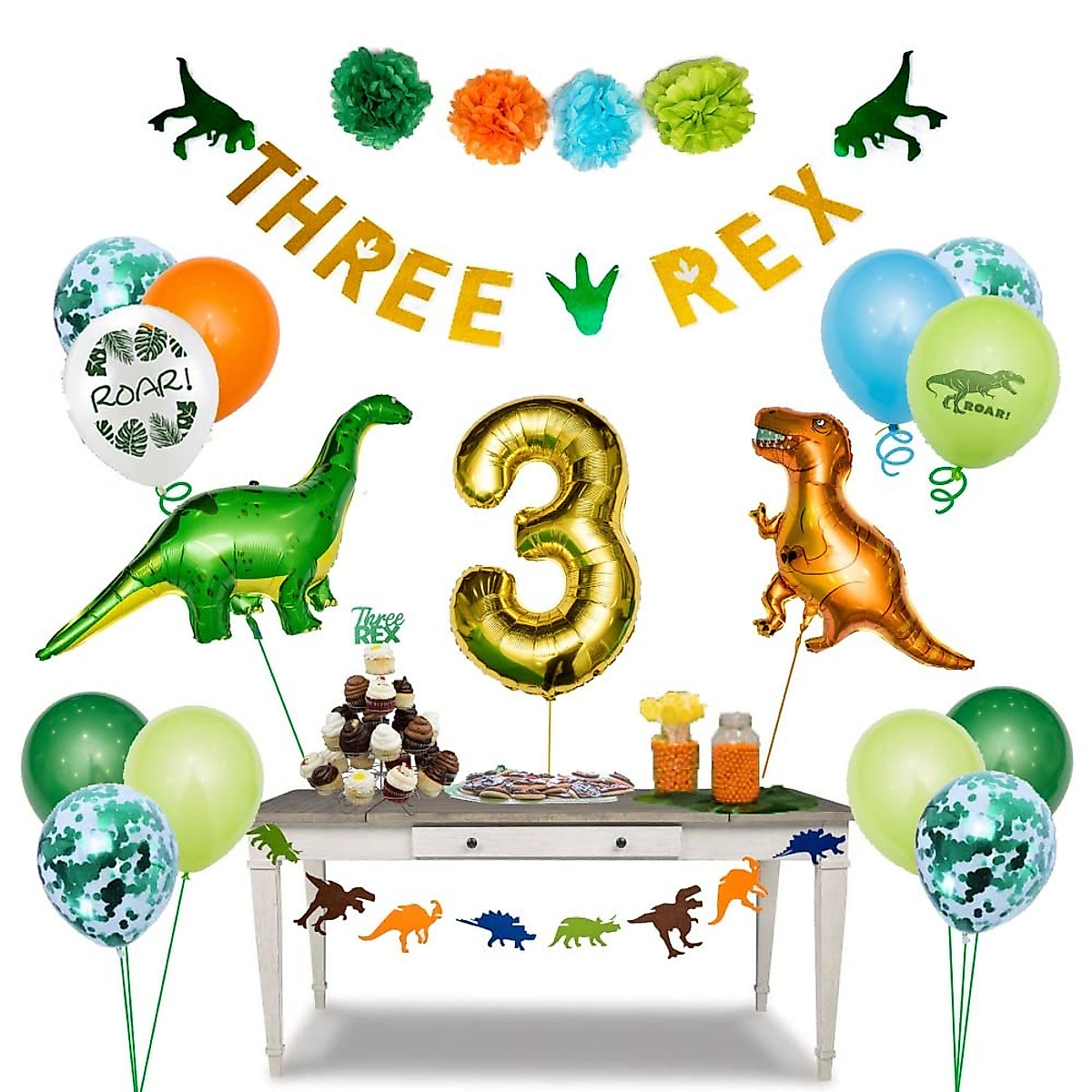 Three Rex Birthday Party Decorations - 3 rex birthday decorations boys w/ 2 dinosaur birthday banner - three rex balloons - 3rd birthday decorations for boys - three rex birthday party decorations boy
