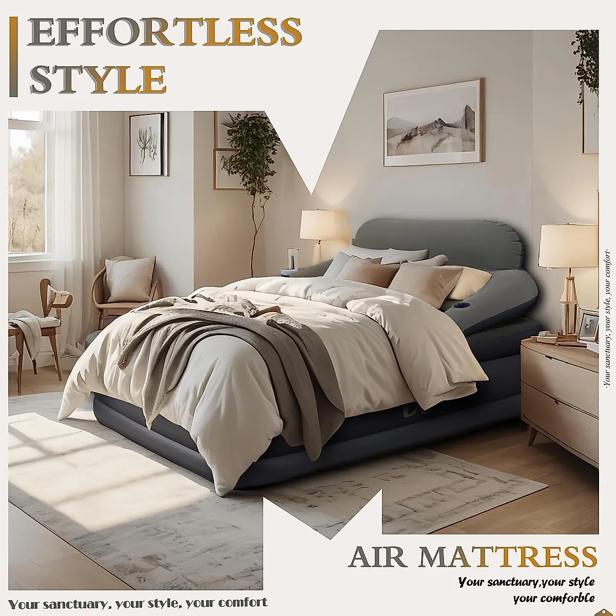 A-ER-FA Queen Air Mattress with Headboard and Cup Holder, Comfort Blow Up Mattress, Inflatable Mattress for Guests and Home, Colchon Inflable, Air Bed