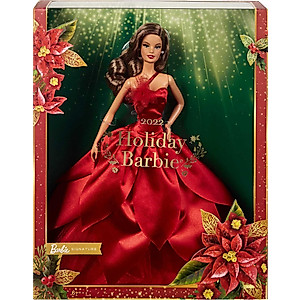 Barbie Signature 2022 Holiday Doll, Light-Brown Wavy Hair Wearing Red Poinsettia-Inspired Gown, Collectible with Doll Stand & Certificate of Authenticity