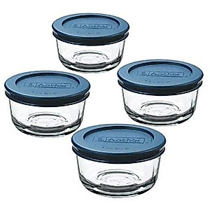 Anchor Hocking 1-Cup Round, Glass Food Storage Containers with Plastic Lids, Blue, Set of 4