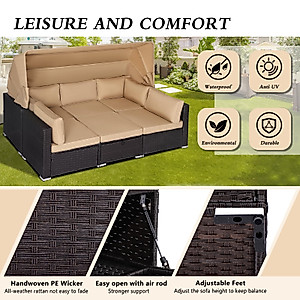 Grepatio 6 Pieces Patio Furniture Set Outdoor Daybed with Canopy Rattan Wicker Sectional Sofa Set with Adjustable Backrest Patio Day Bed Conversation Set with Cushions and Storage Table (Khaki)