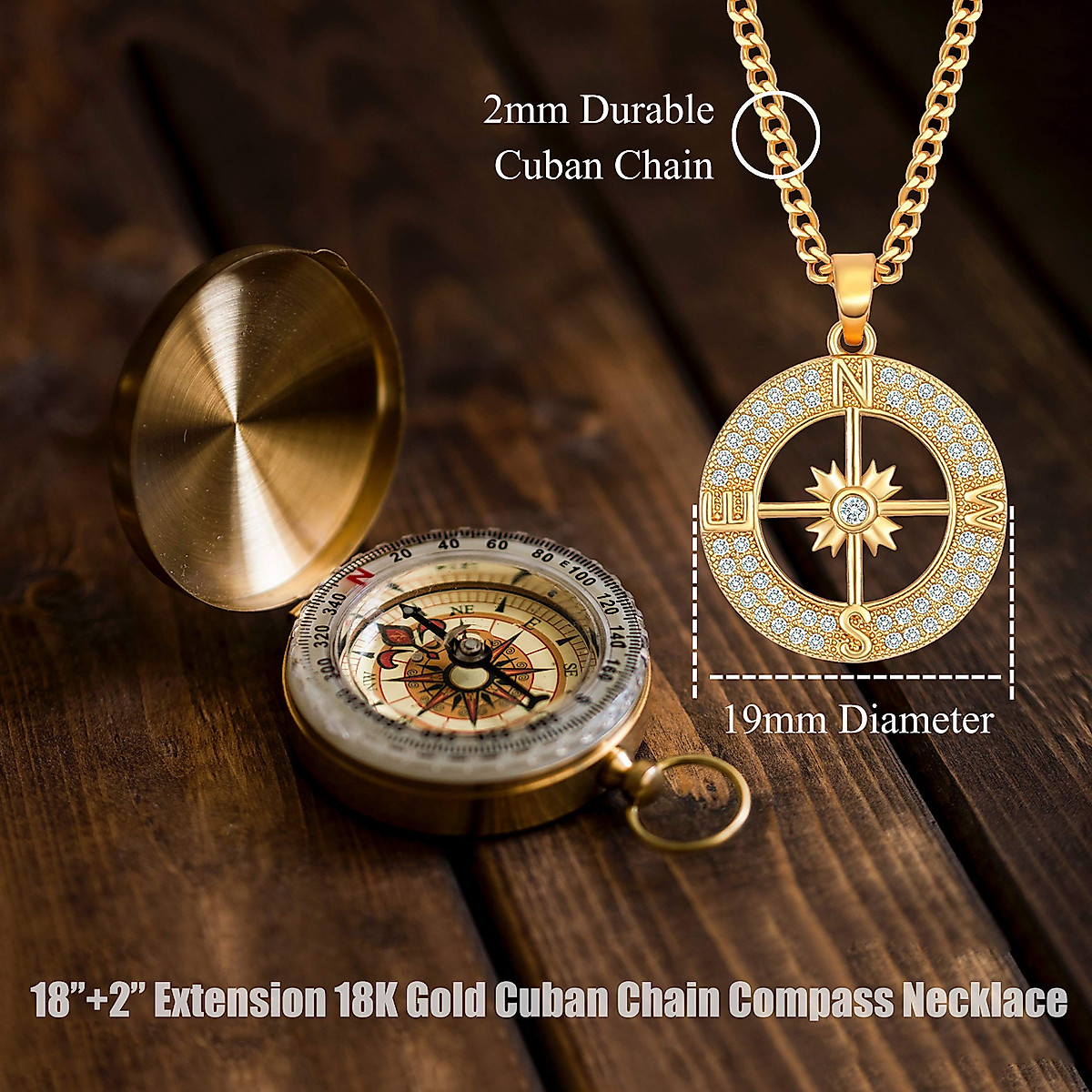 PEARLADA 18K Gold Cuban Chain Compass Pendant Necklace with Micro-Inlaid Cubic Zirconia Halo Womens Handmade Navigation Travel Jewelry for Graduation Gift