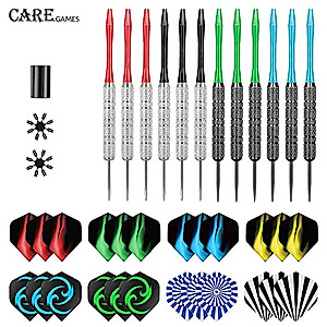 CareGames Steel Darts Set 12 Packs with 4 Colors Plastic Shafts,Extra Flights,Sharpener and Flight Protectors