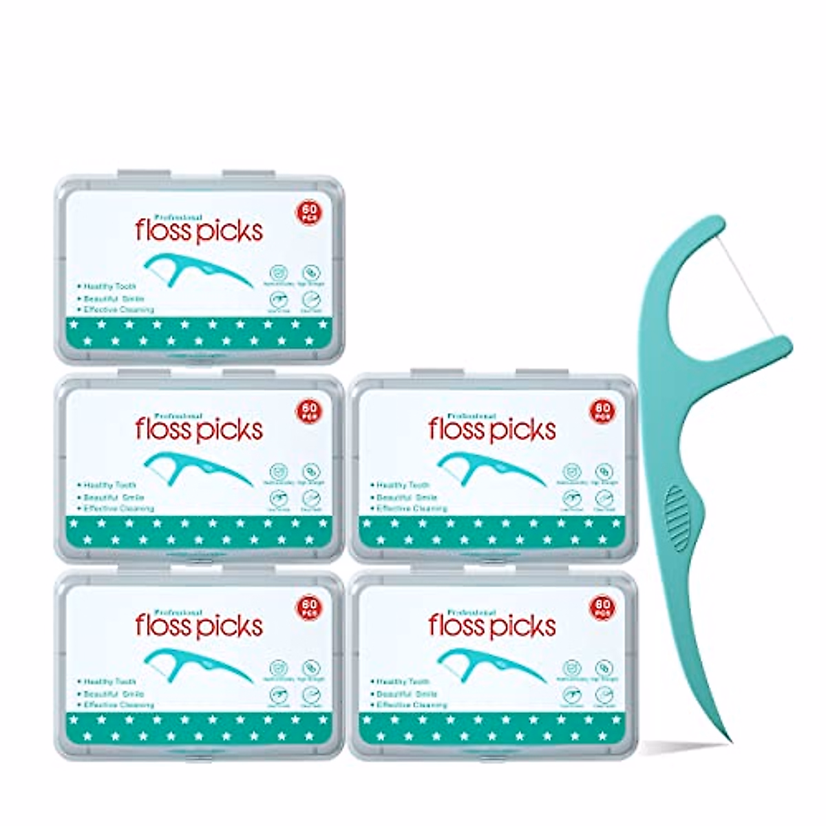 Dental Floss Picks, 5 Travel Floss Cases 300 Counts Dental Flossers,Floss Sticks,Tooth Floss,Dental Sticks,Dental Picks Disposable,Teeth Flossers Picks (Pack of 5, 300) (300Count)